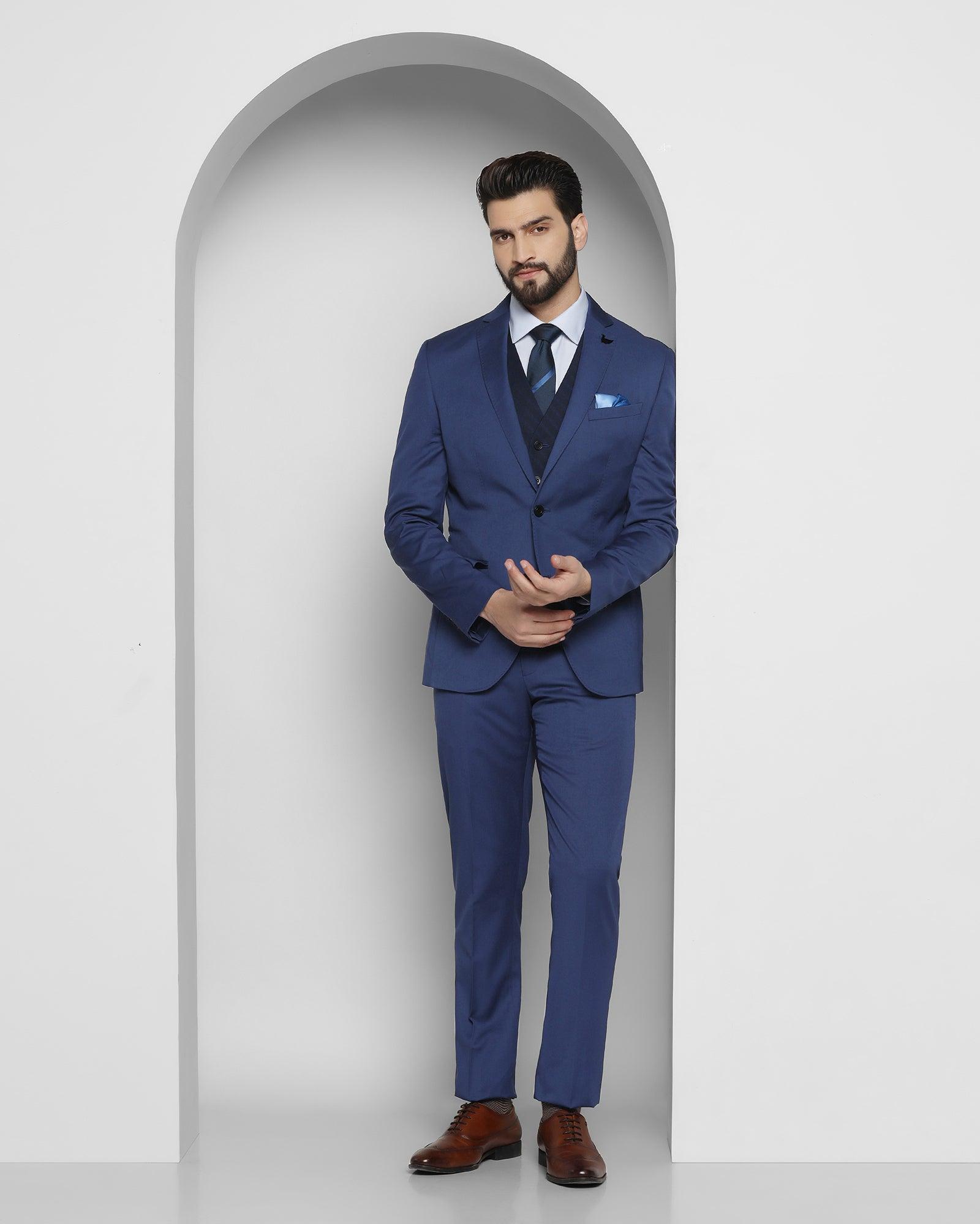Buy Luxe Three Piece Blue Solid Formal Suit Online