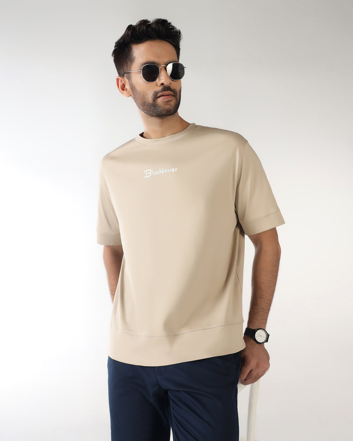 Buy Beige Crew Neck Solid T-Shirt From Blackberrys