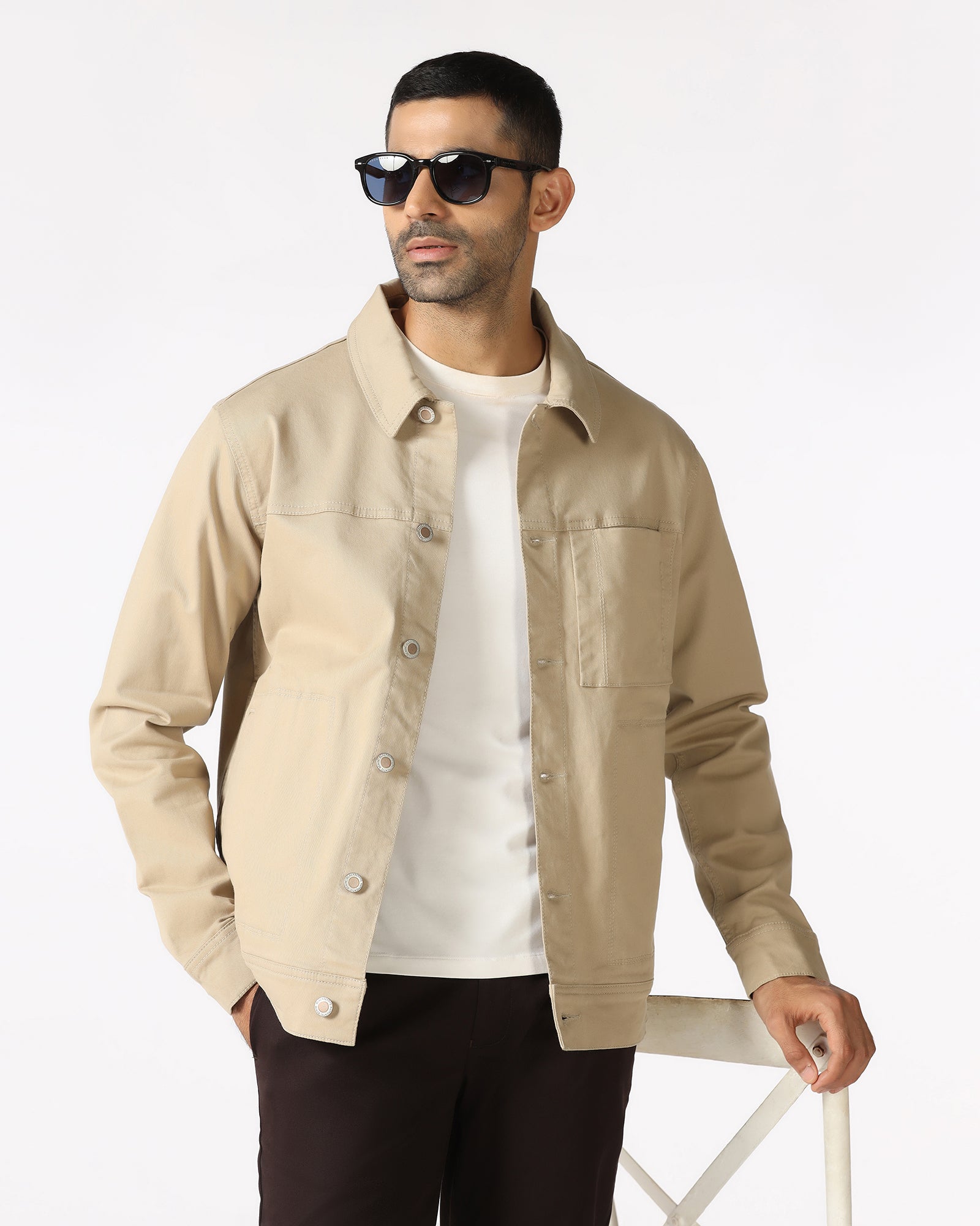 Beige Denim Trucker Solid Zipper Jacket - Avila