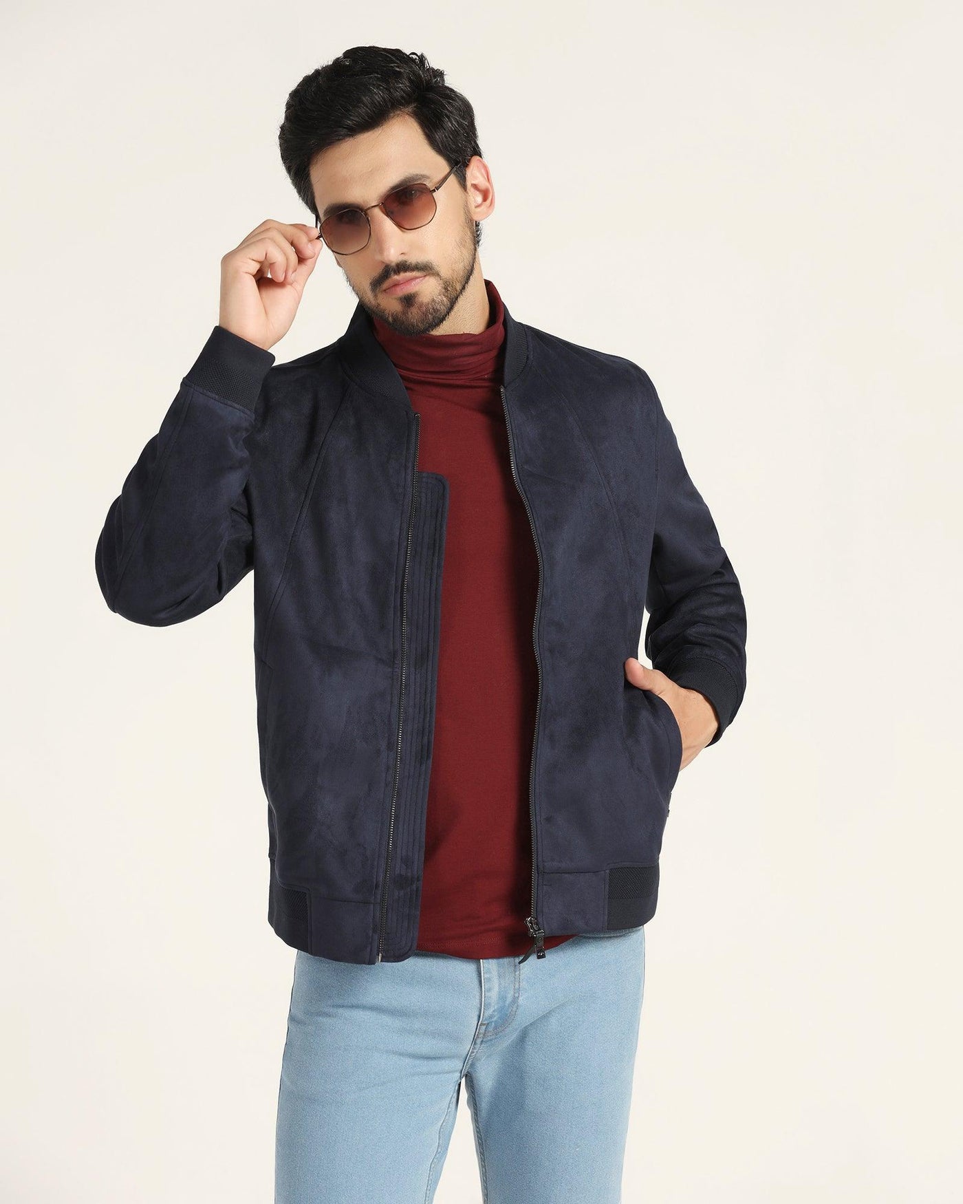 Buy Bomber Navy Solid Zipper Jacket from Raul Collection