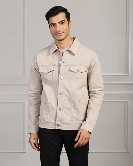 Buy Casual Beige Solid Denim Jacket from Jeff Collection