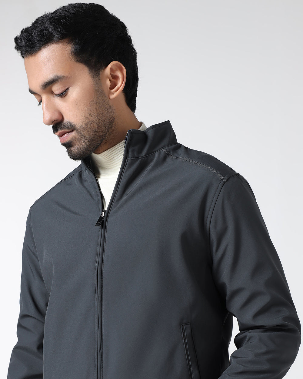 Charcoal Solid Zipper Jacket - Yulin