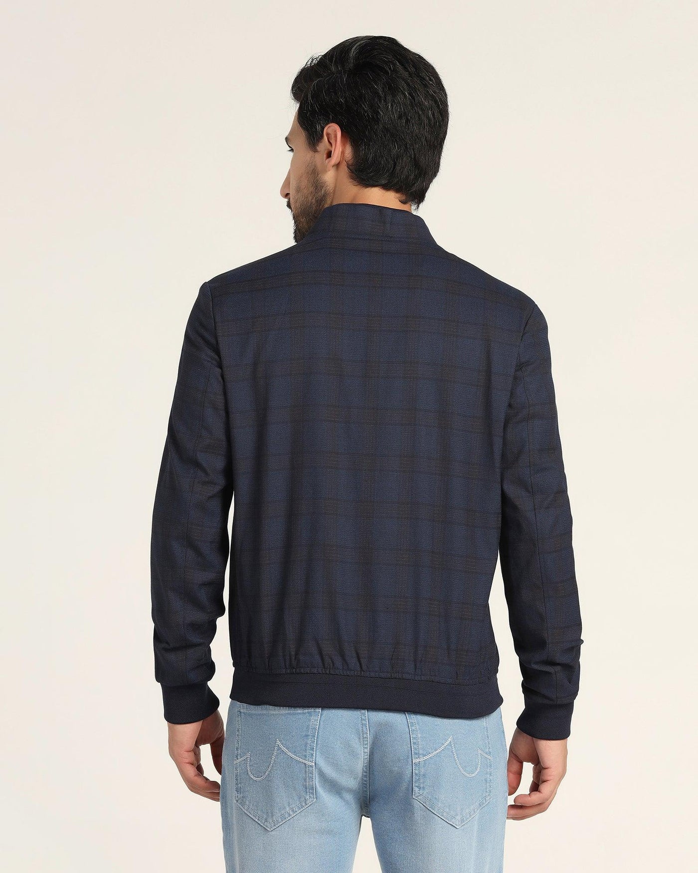 Buy Bomber Navy Check Zipper Jacket from Nadra Collection