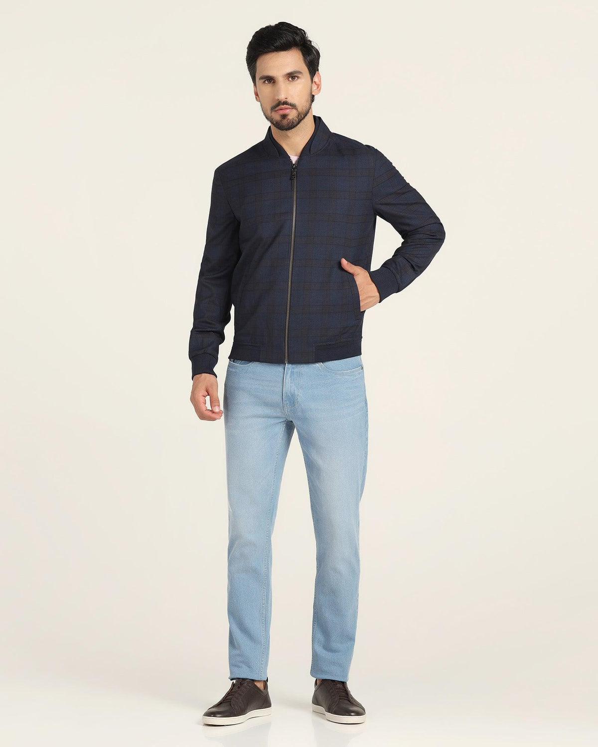 Buy Bomber Navy Check Zipper Jacket from Nadra Collection