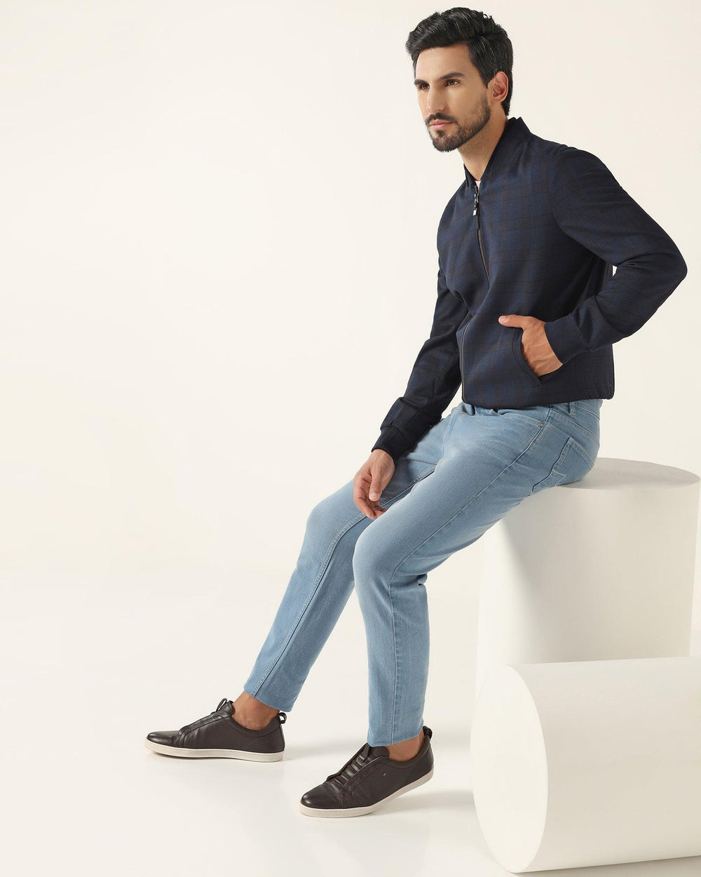 Buy Bomber Navy Check Zipper Jacket from Nadra Collection