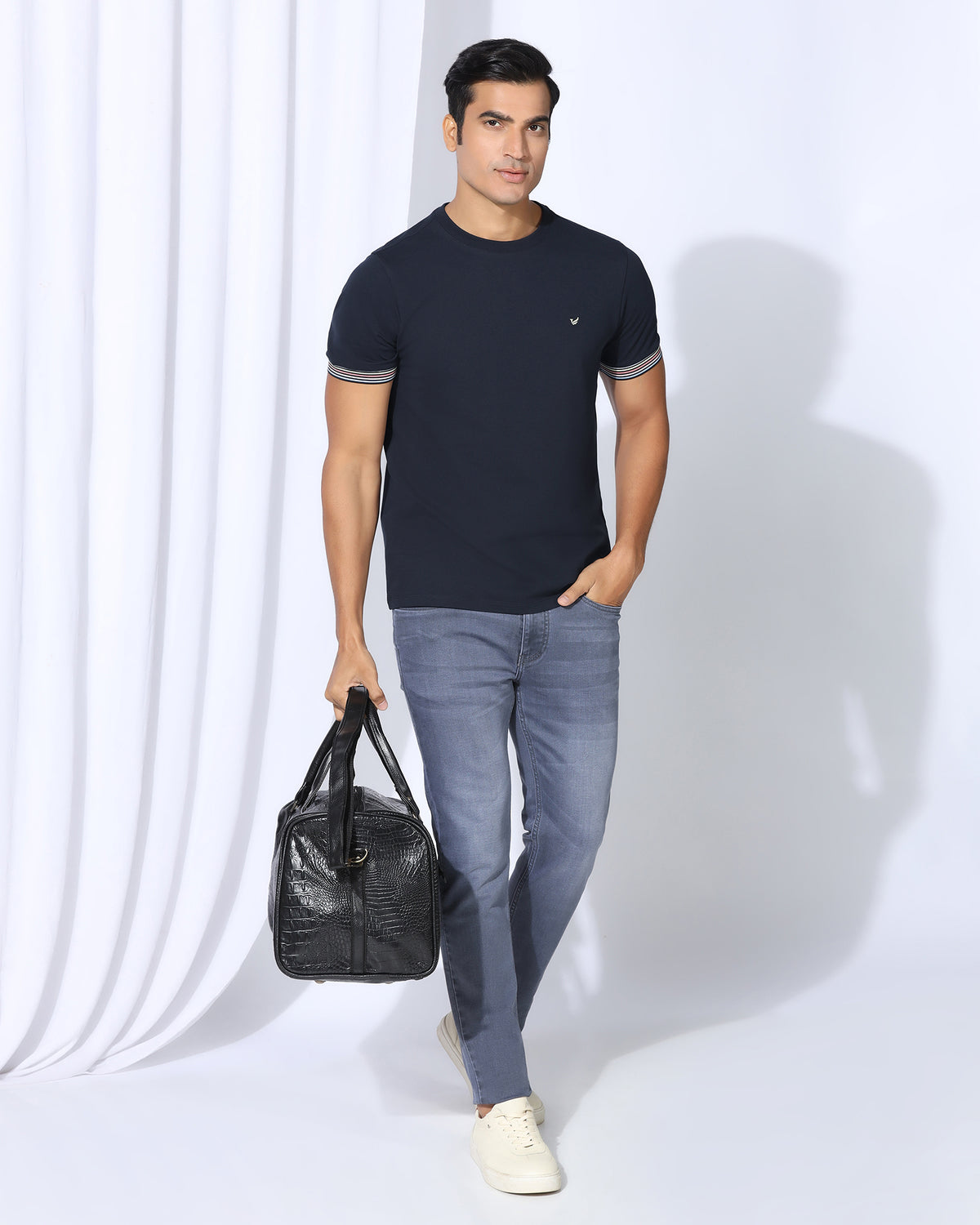 Buy Spectrum Navy Crew Neck Solid T-Shirt Online India