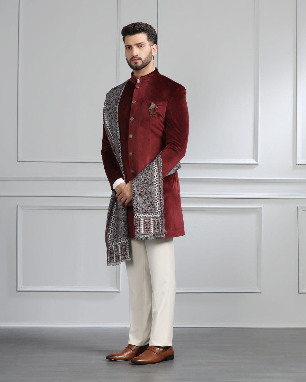 Buy Swarn Two Piece Maroon Solid Achkan Set Online