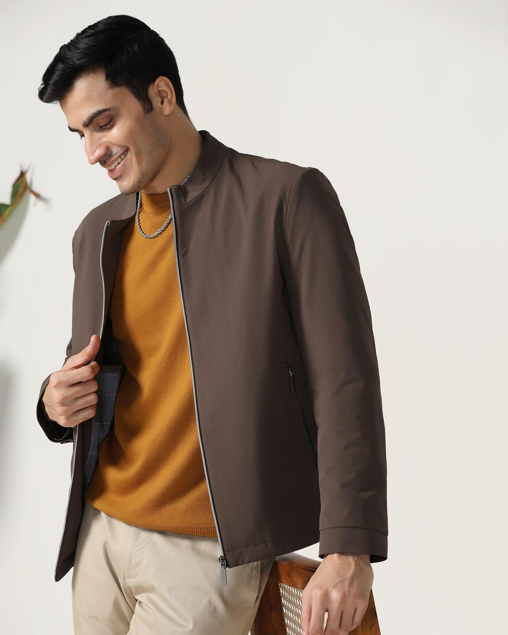 Formal Chocolate Brown Solid Zipper Jackets - Orion