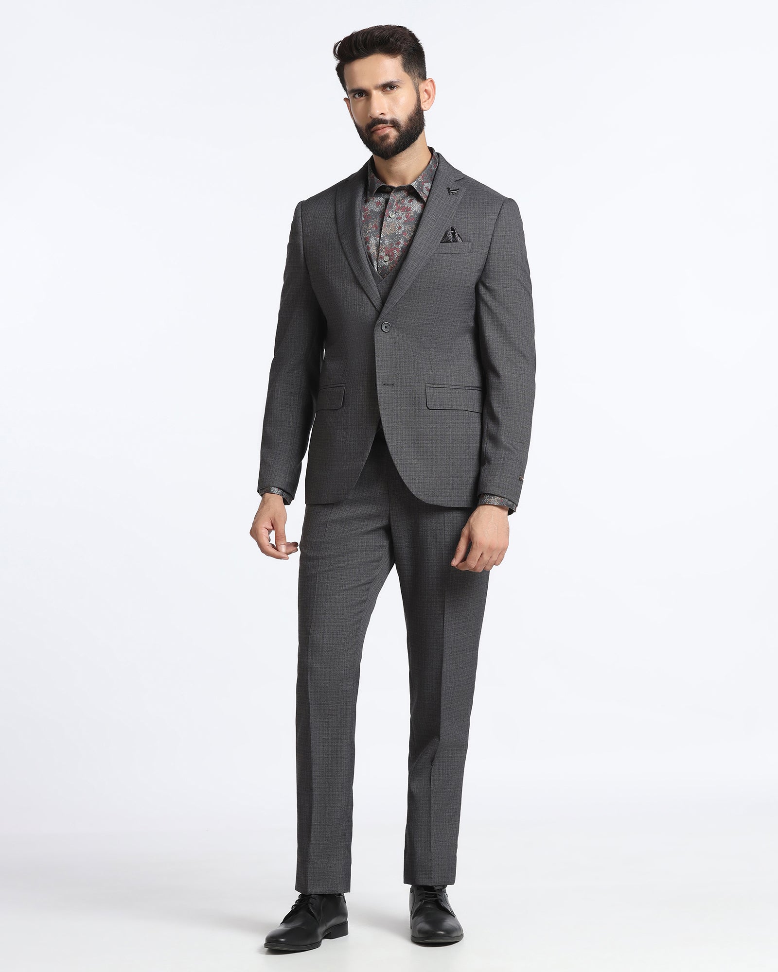Buy Grey Three Piece Textured Suit From Zyme Collection