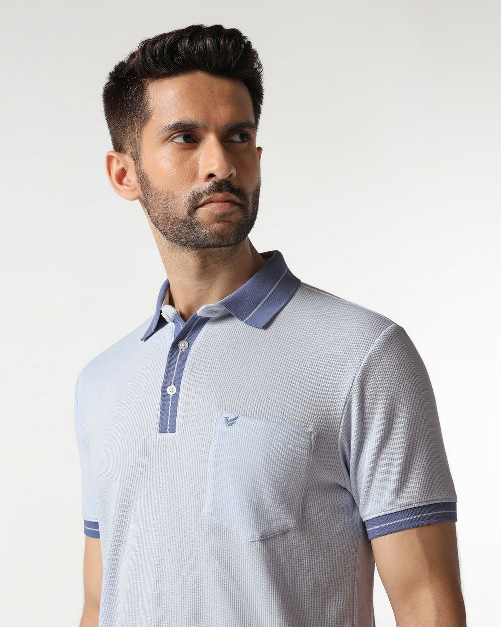 Buy Light Blue Textured Polo T-Shirt With Pocket for Men