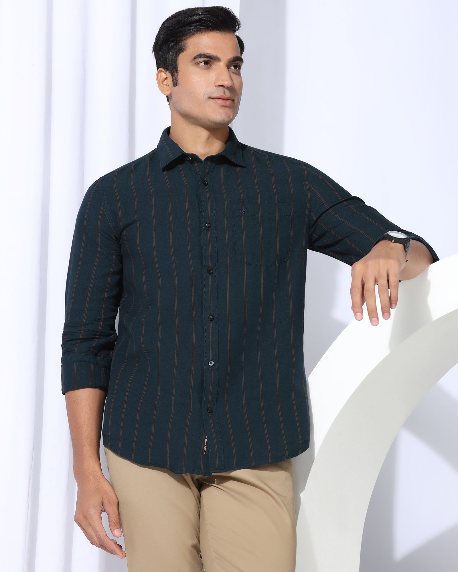 Buy Darcom Navy Stripe Linen Casual Shirt Online India