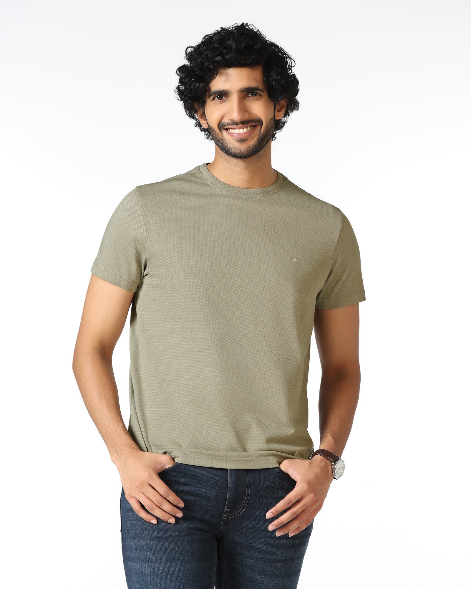 Buy Hexa Olive Crew Neck Textured T-Shirt Online India