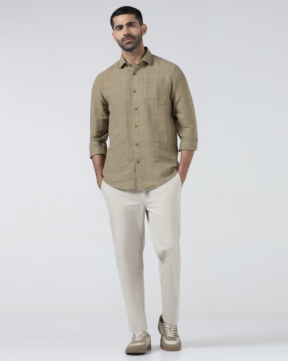 Buy Olive Linen Check Shirt - Moben Online