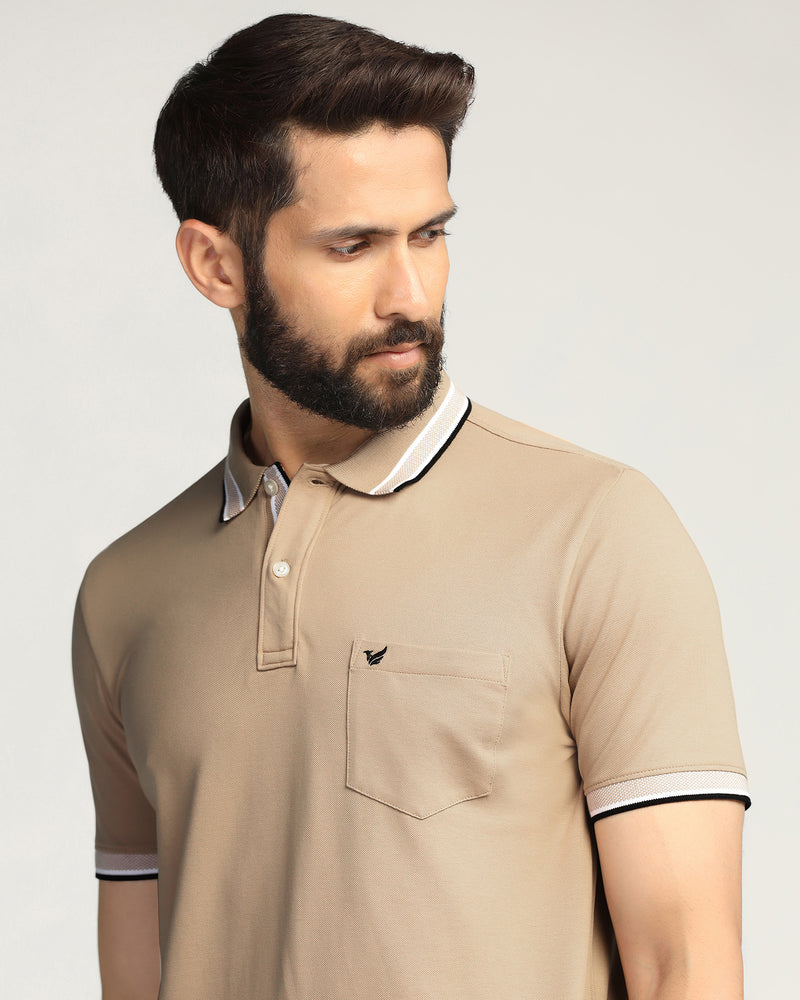 Buy Taurus Beige Solid Polo T-Shirt With Pocket Online