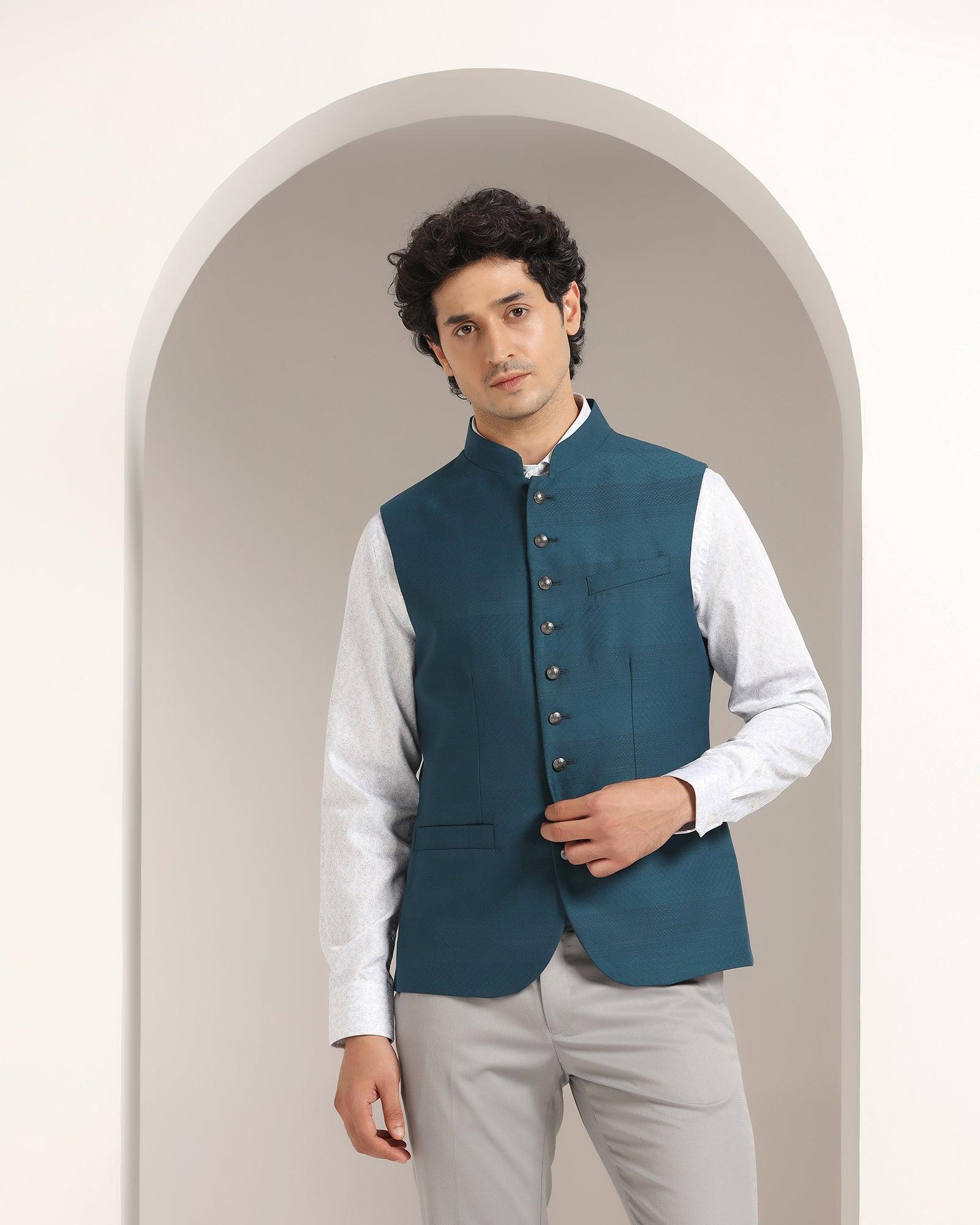 Buy Bandhgala Formal Teal Striped Waistcoat - Korlan Online