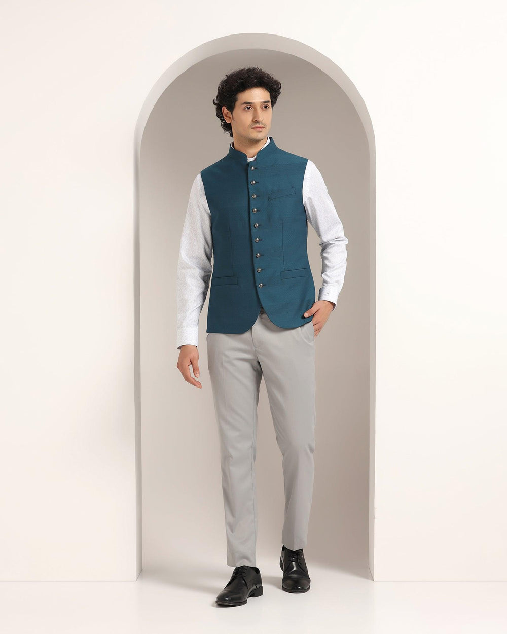 Buy Bandhgala Formal Teal Striped Waistcoat - Korlan Online