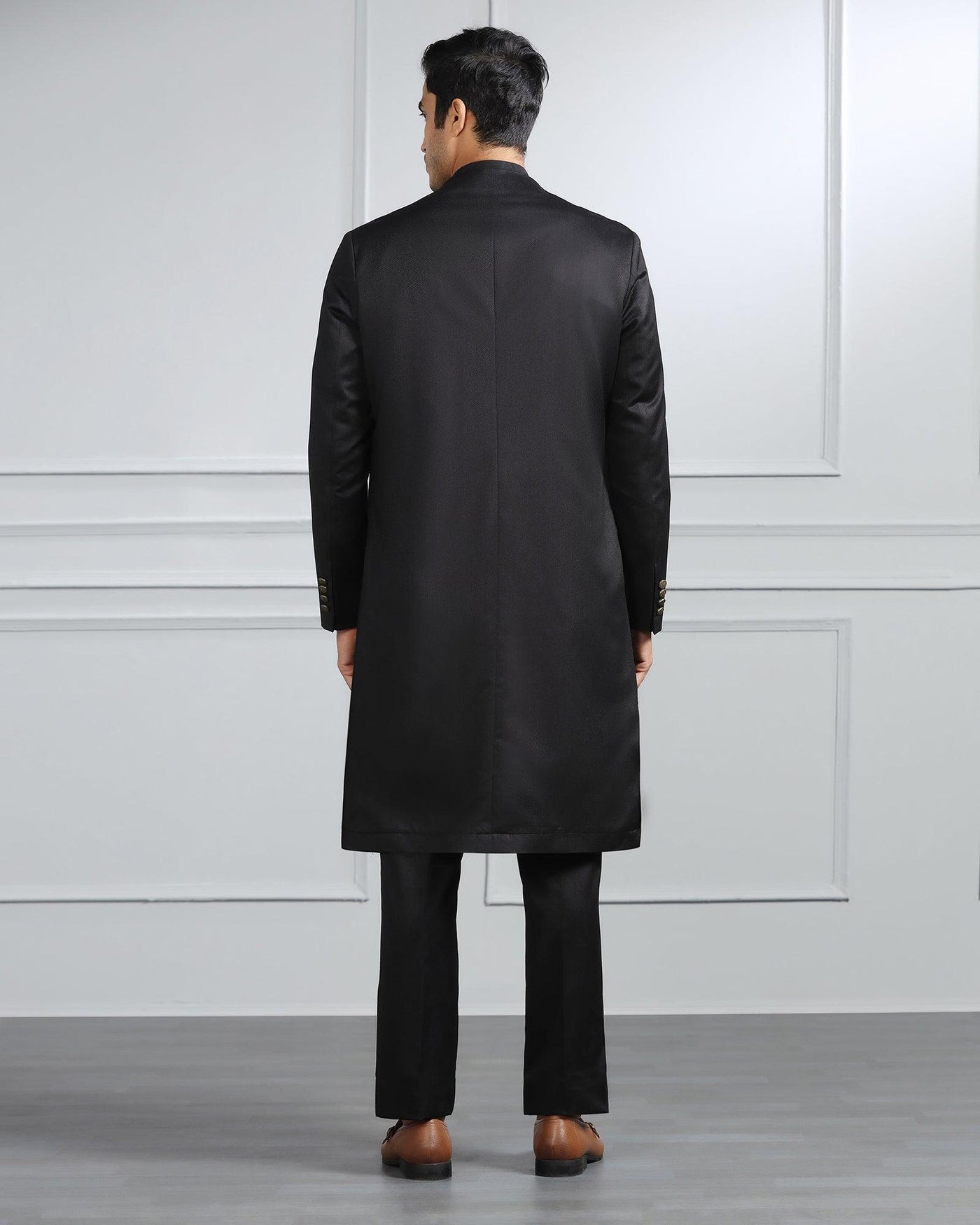 Black Swarn Textured Achkan Set - Stapol