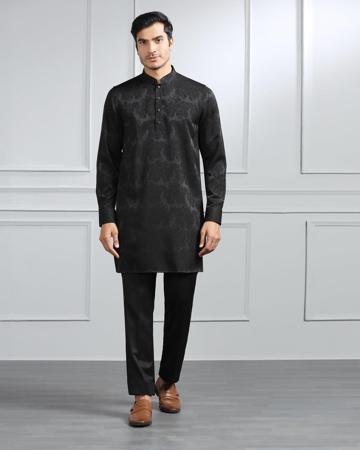 Black Swarn Textured Achkan Set - Stapol