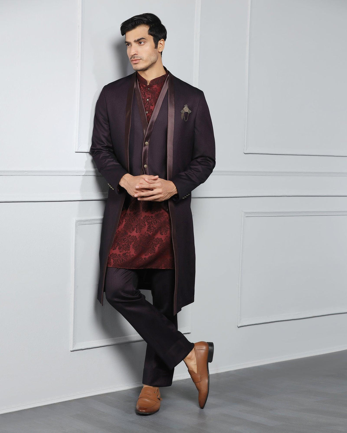 Wine Swarn Textured Achkan Set - Stapol