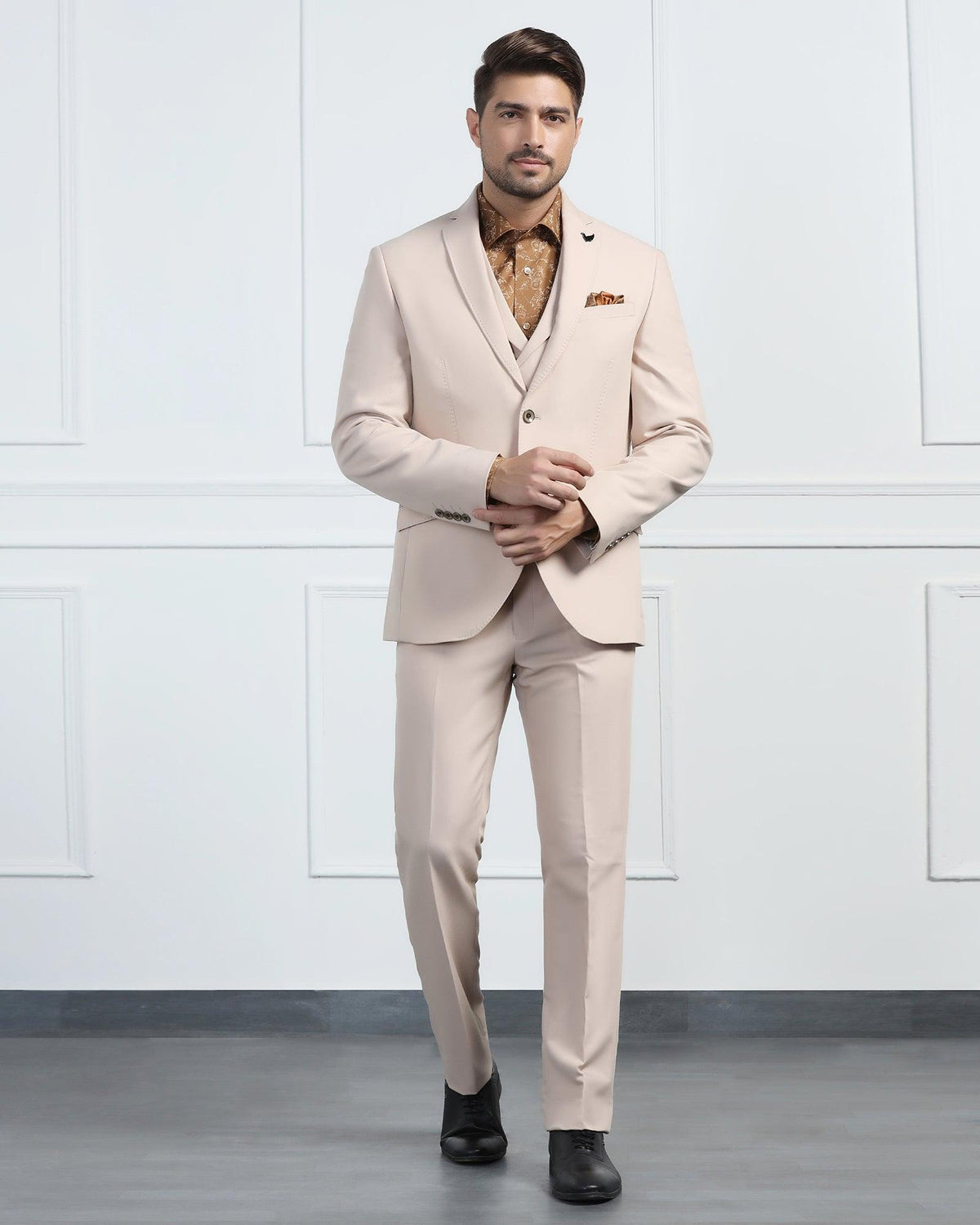 Three Piece Beige Solid Formal Suits - Randle