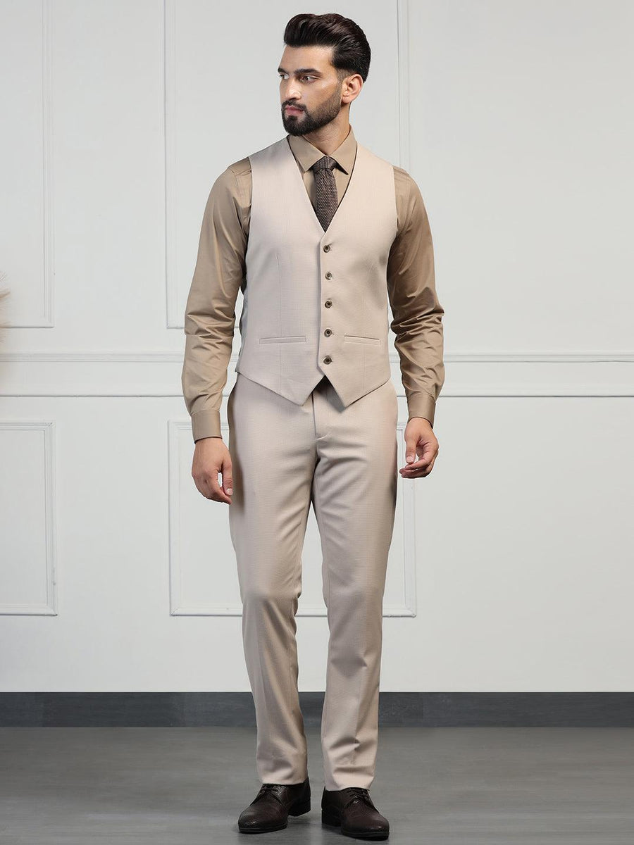 Three Piece Beige Textured Formal Suit - Zanite