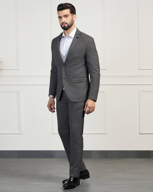 Three Piece Black Textured Formal Suits - Helm