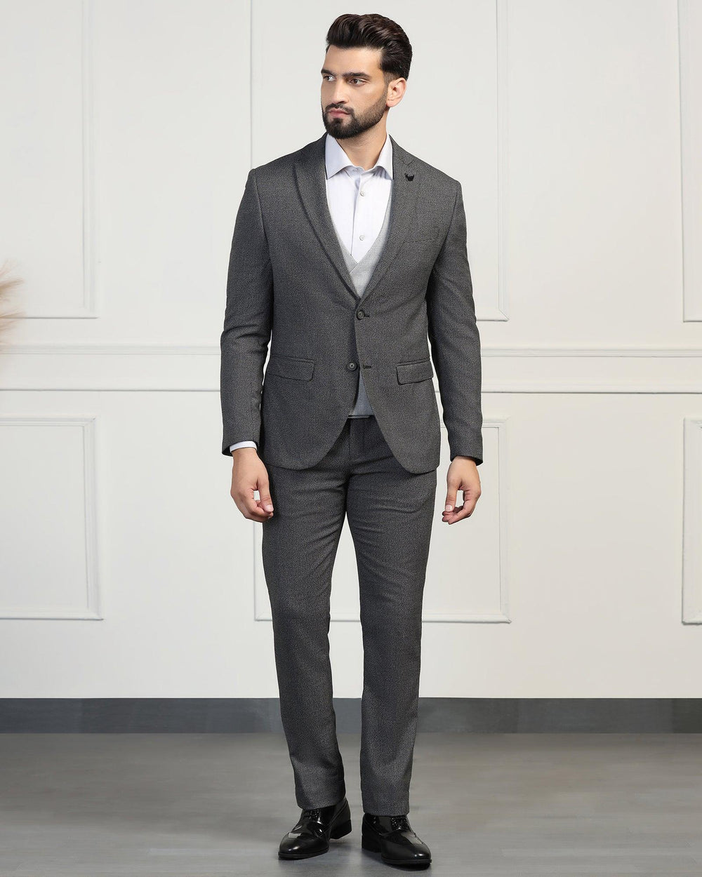 Three Piece Black Textured Formal Suits - Helm
