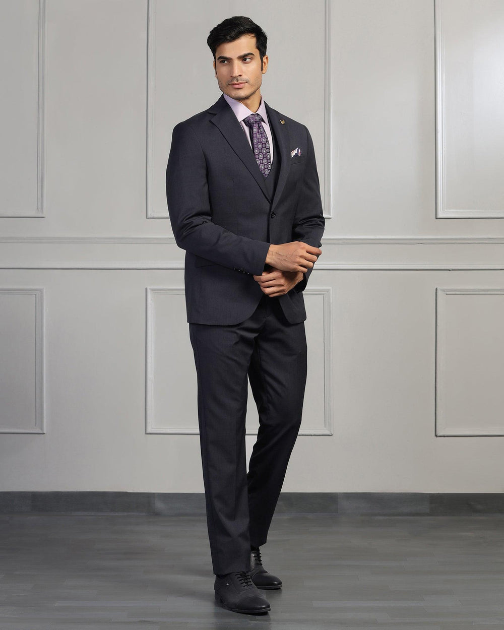 Luxe Three Piece Charcoal Solid Formal Suit - Keno