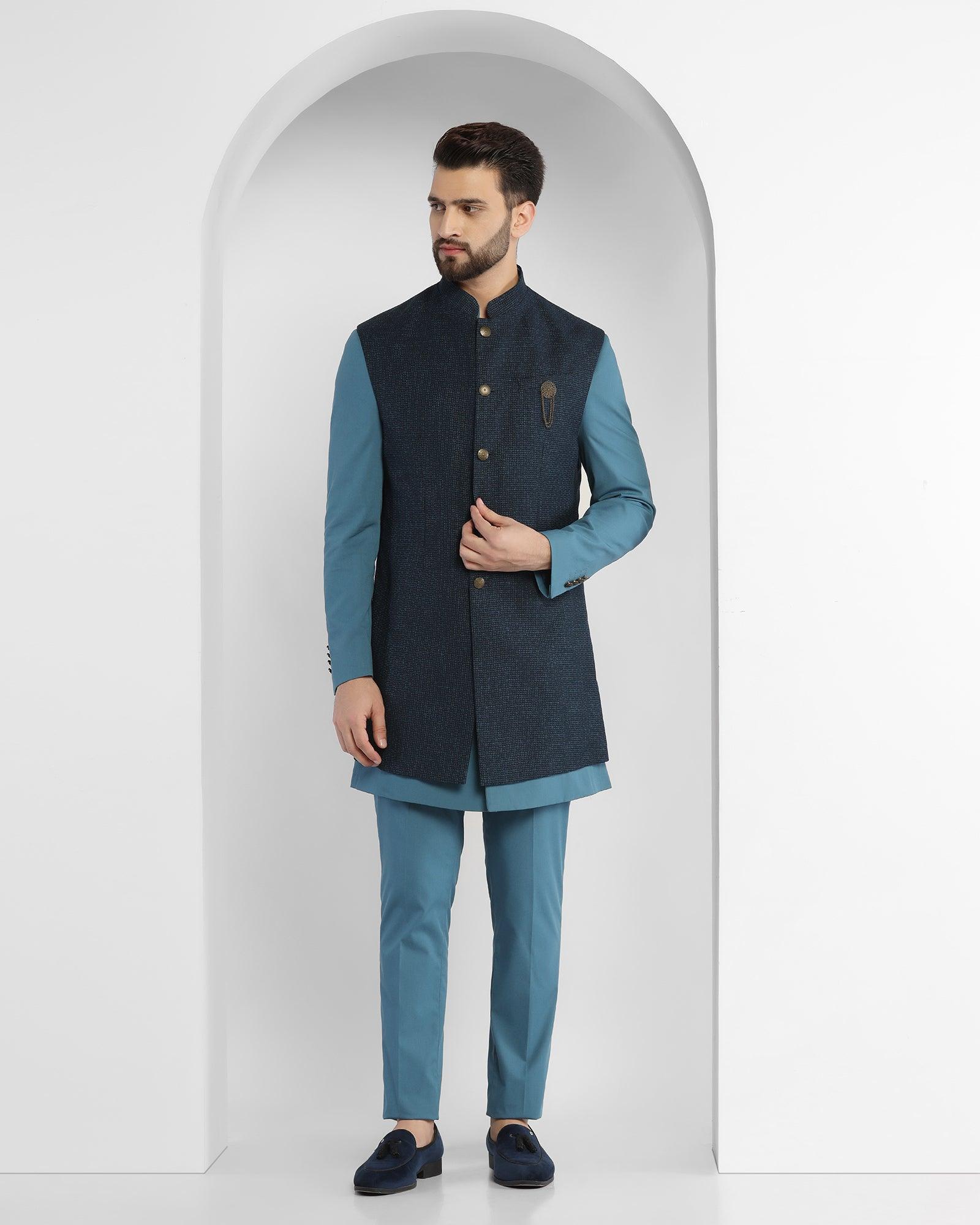 Blue Swarn Textured Achkan Set - King